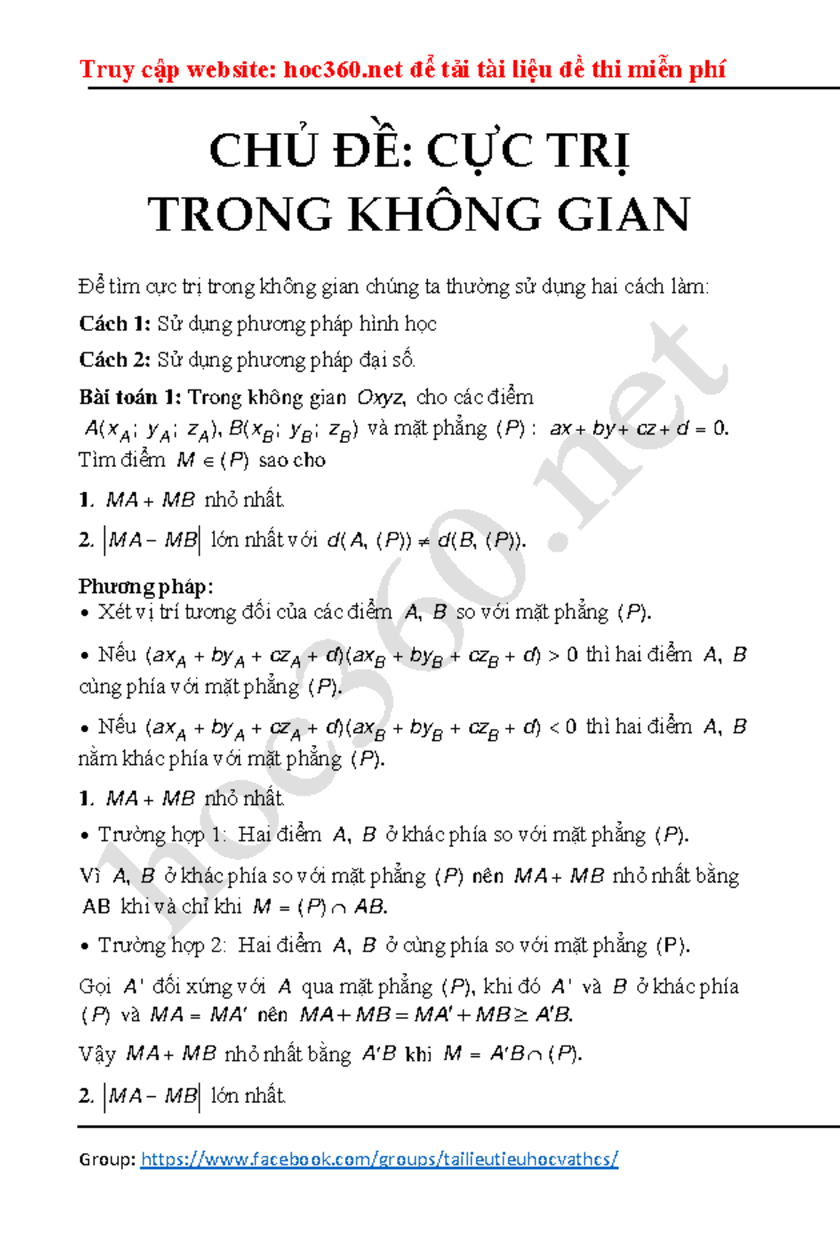 Cuc tri trong khong gian - CHỦ ĐỀ: CỰC TRỊ TRONG KH‘NG GIAN Để tìm cực trị trong không gian ...