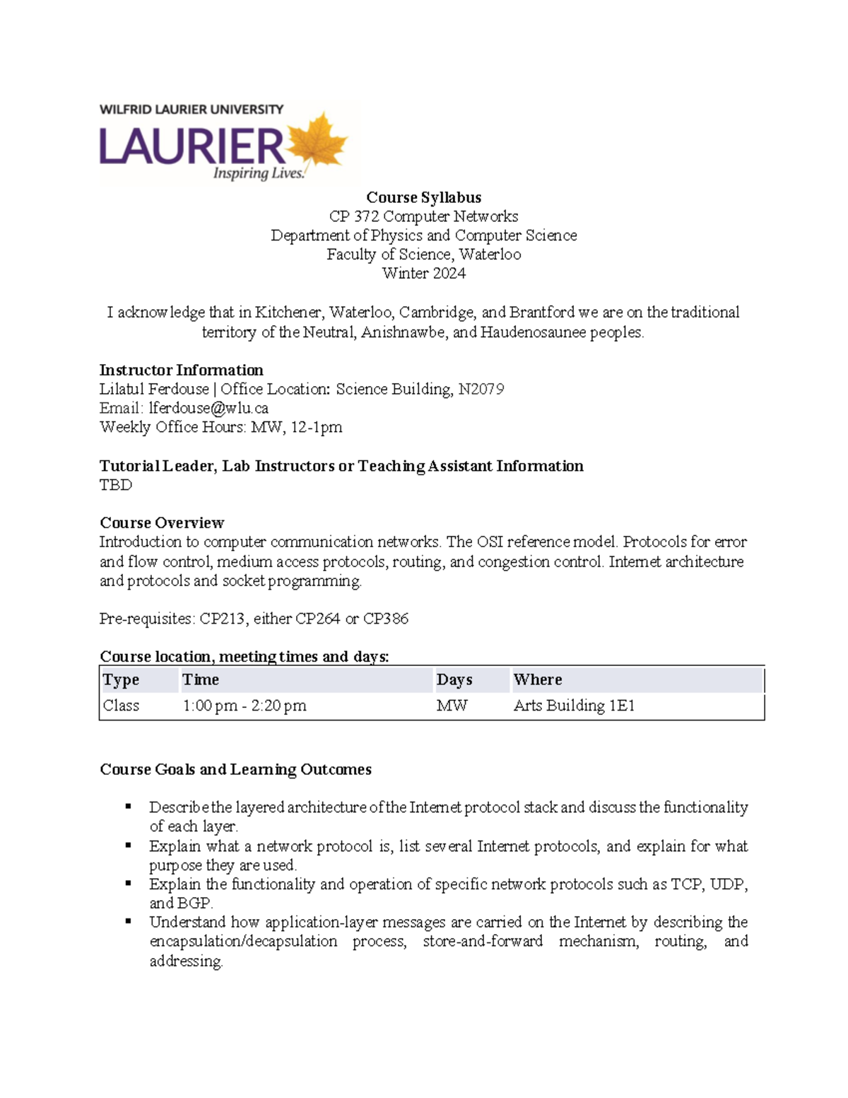 CP372 Syllabus W24 - Course Syllabus CP 372 Computer Networks Department of Physics and Computer ...