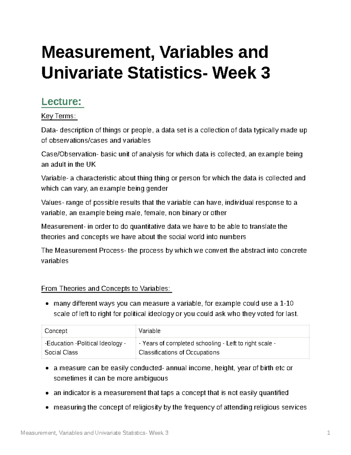 Measurement, Variables and Univariate Statisitcs- Week 3 - Measurement ...