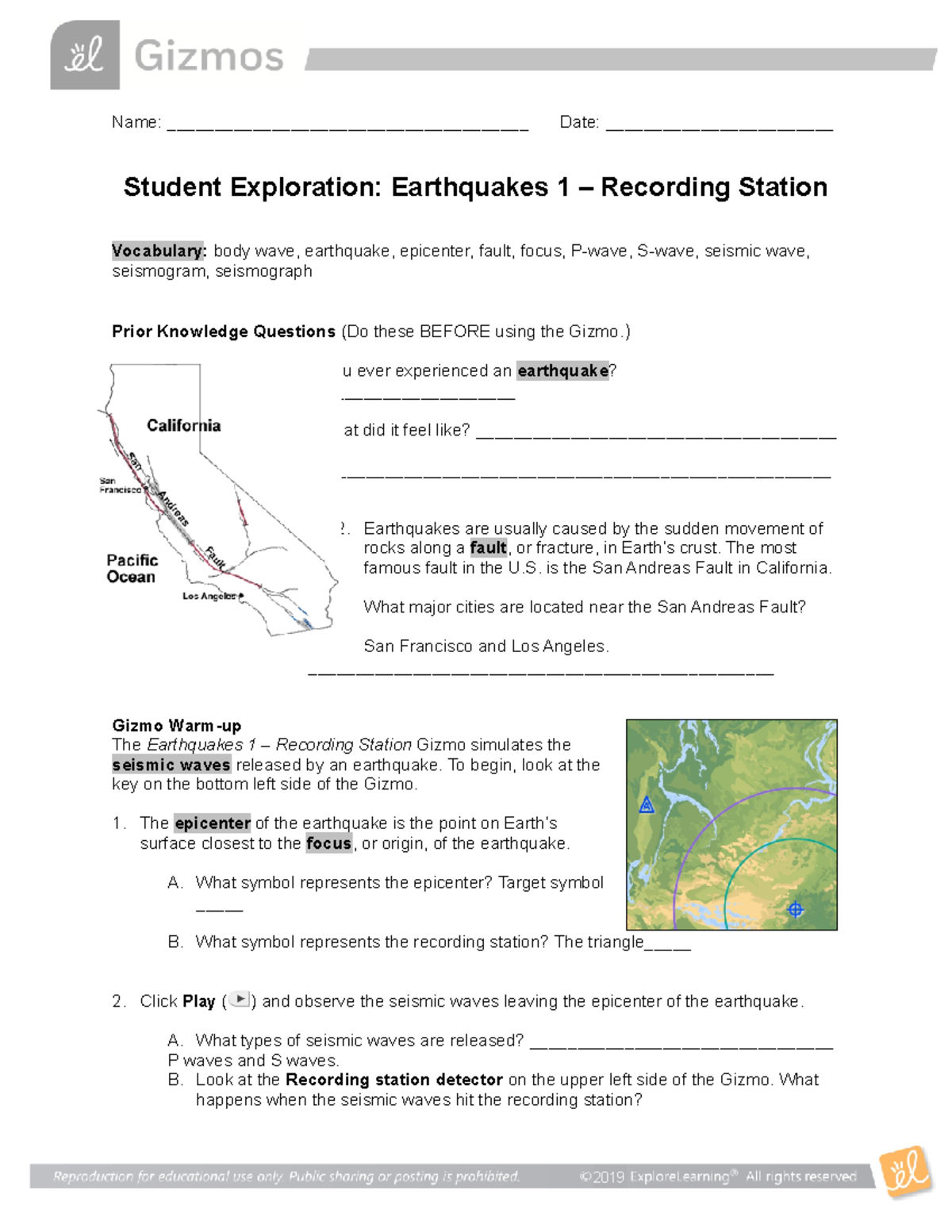 Earthquakes 1Recording SE+ - Name ...