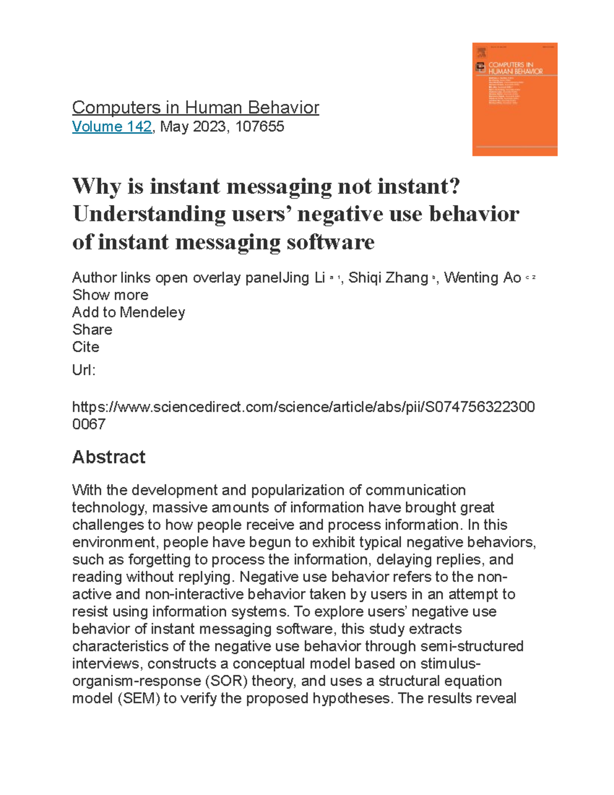 Doc for c - Computers in Human Behavior Volume 142, May 2023, 107655 ...