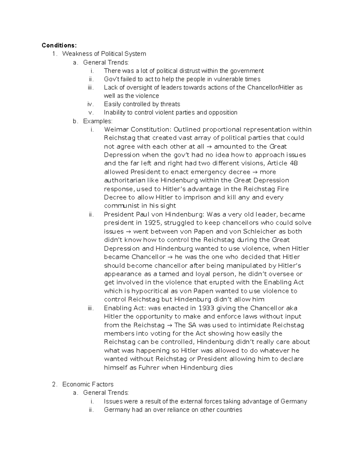 Paper 2 Rise of Hitler Prep - Conditions: 1. Weakness of Political ...