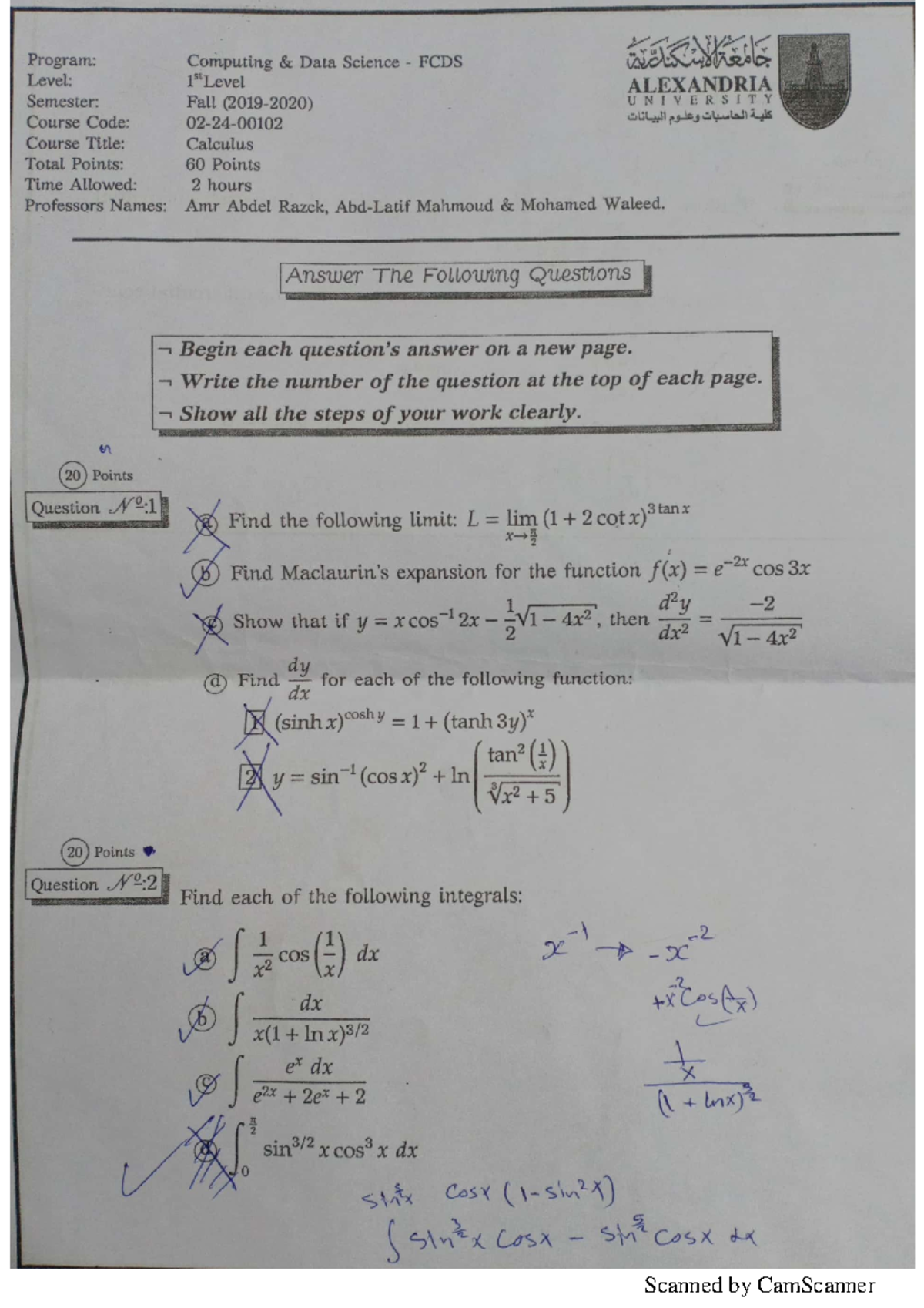 Final exam calculus - Calculus and Vectors - Scanned by CamScanner ...