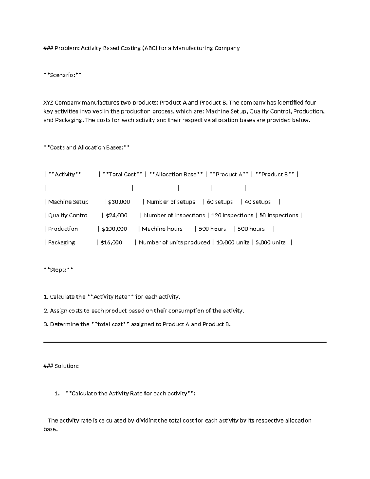 Activity based costing - Problem: Activity-Based Costing (ABC) for a ...
