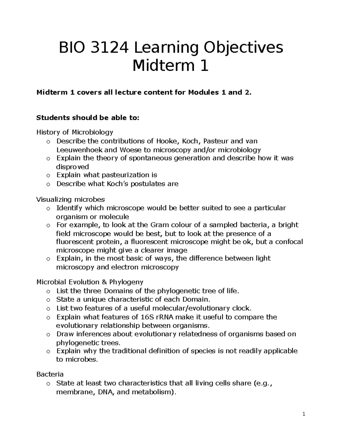 Learning Objectives Midterm 1 - BIO 3124 Learning Objectives Midterm 1 ...