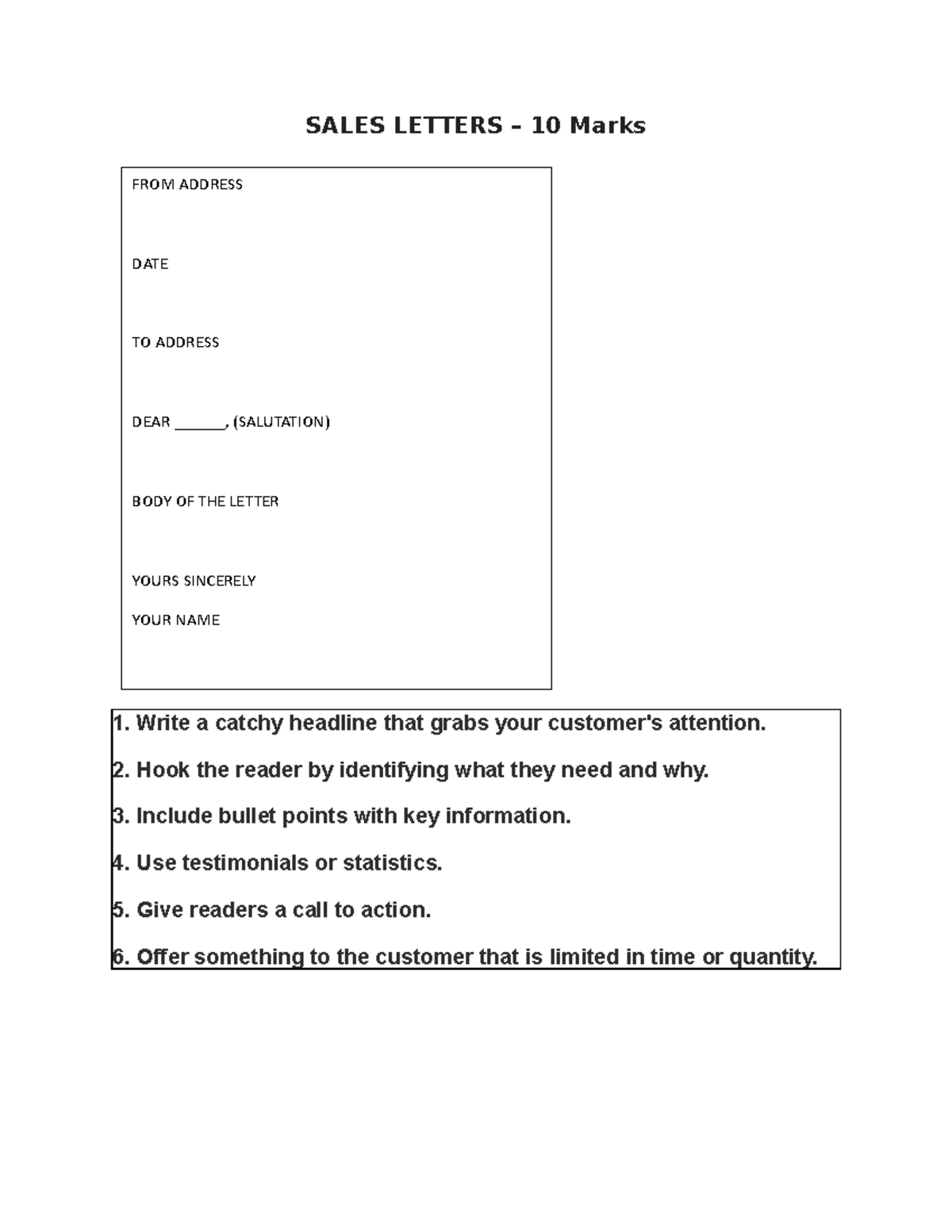 Sales Letters - SALES LETTERS – 10 Marks 1. Write a catchy headline ...
