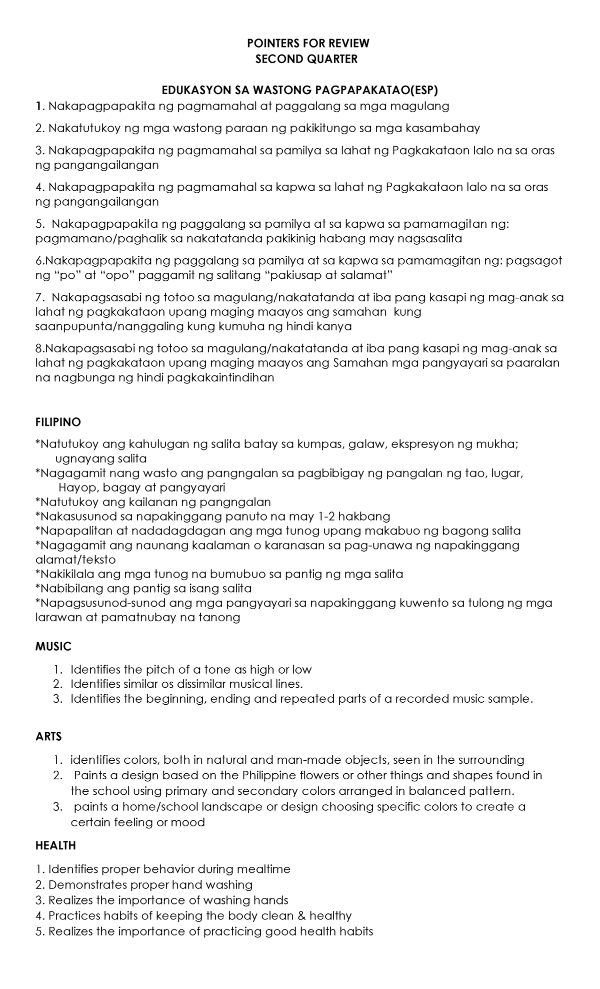 Pointers-FOR- Review - education - POINTERS FOR REVIEW SECOND QUARTER ...