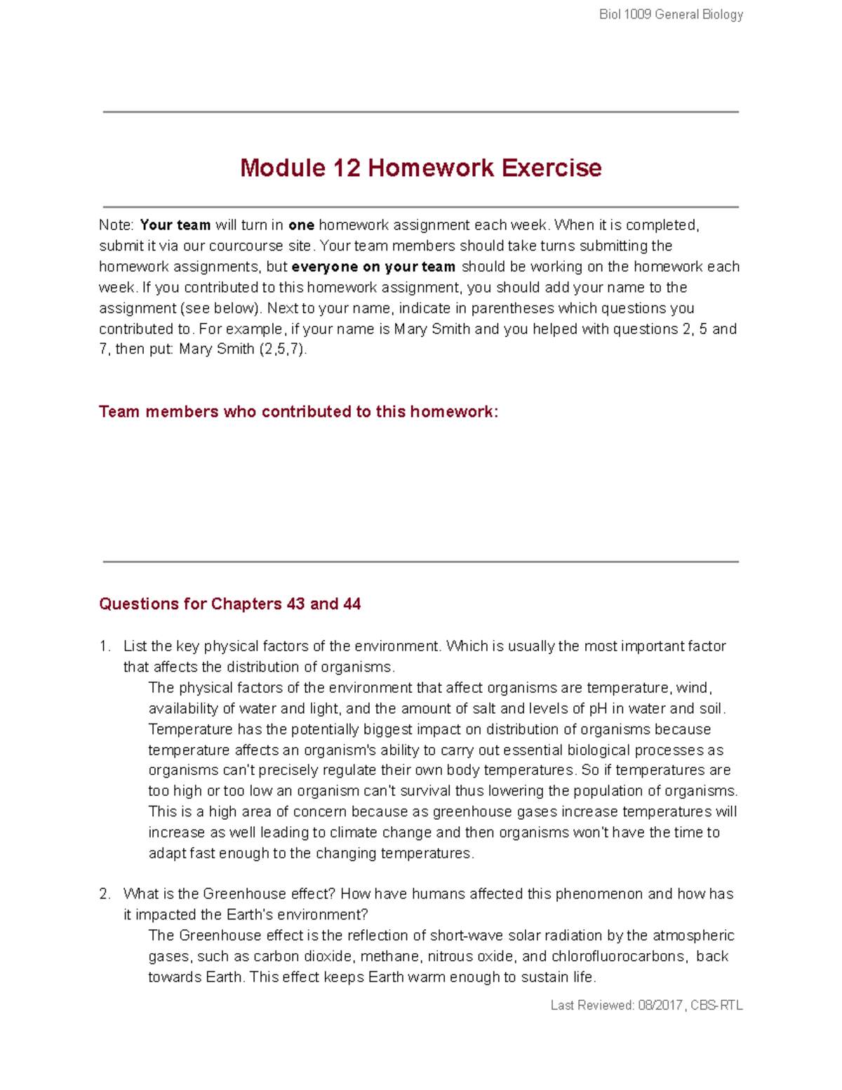 BIOL1009 MOD12 Homework Exercise - Module 12 Homework Exercise Note ...