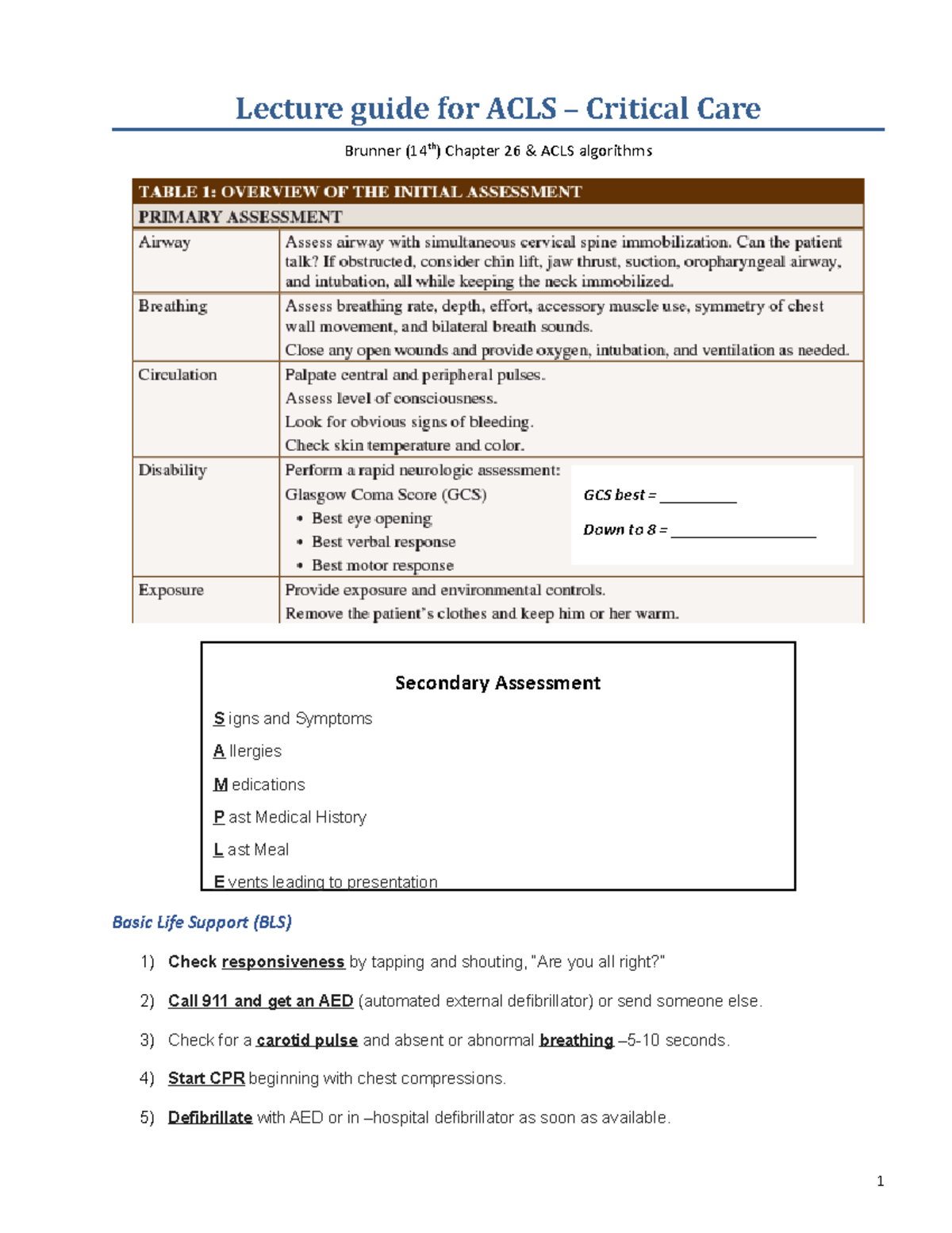 ACLS lecture notes pages 5-6 answers - Lecture guide for ACLS ...