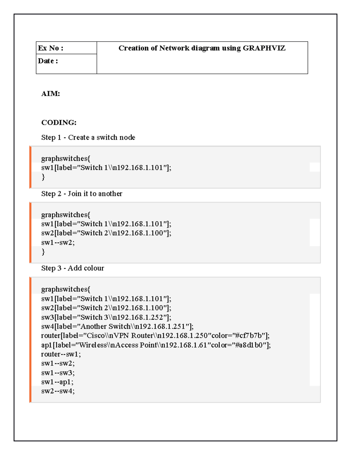 Network - EDF - Ex No : Creation of Network diagram using GRAPHVIZ Date : AIM: CODING: Step 1 ...