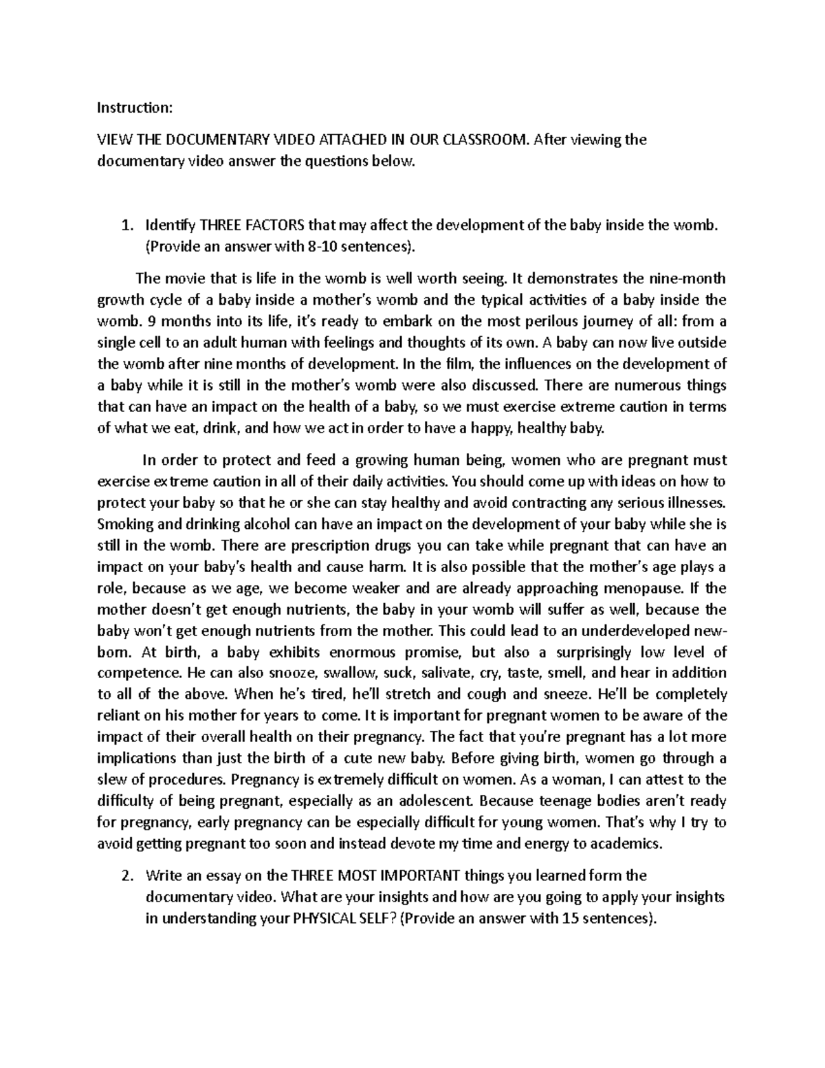 Physical SELF Graded Activity - Instruction: VIEW THE DOCUMENTARY VIDEO ...