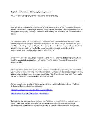 Annotated bibliography assignment - English 102 Annotated Bibliography Assignment: An Annotated ...