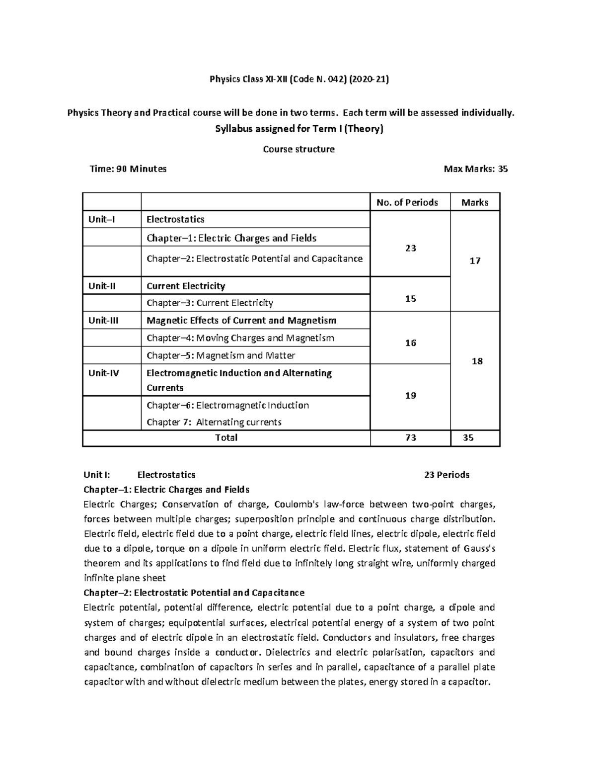 XII Termwise Syllabus 2021-22 - Physics Class XI-XII (Code N. 042 ...