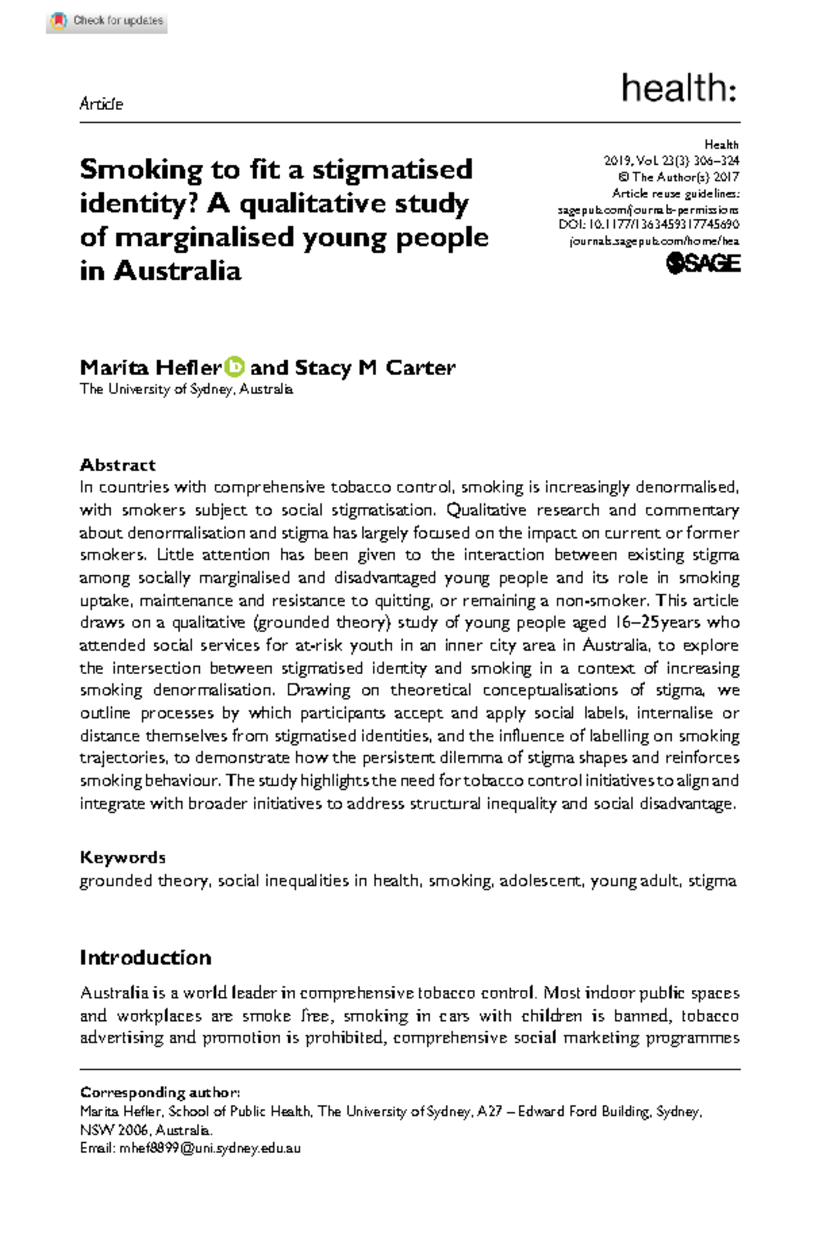 Smoking stigma identity - SOCI 1004 - Adelaide University - Studocu