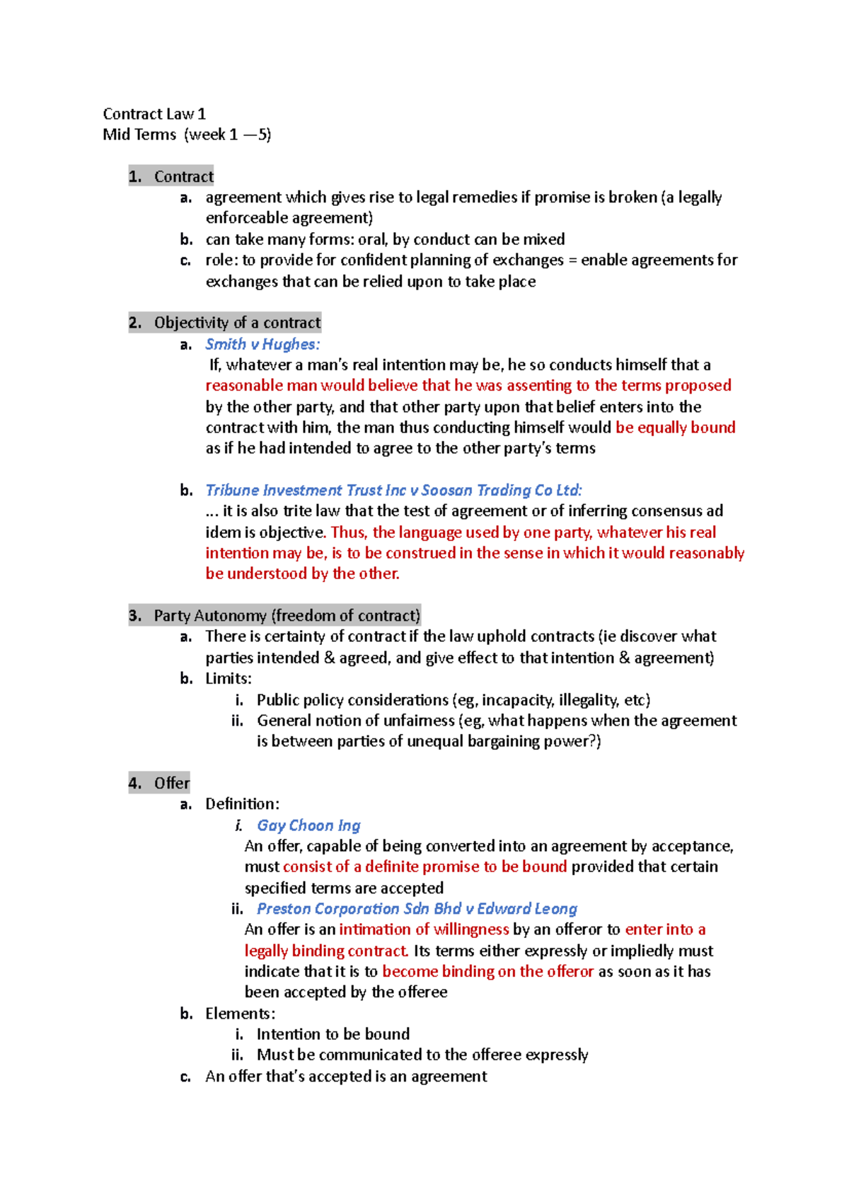 Contract law 1 notes - Contract Law 1 Mid Terms (week 1 —5) Contract a ...