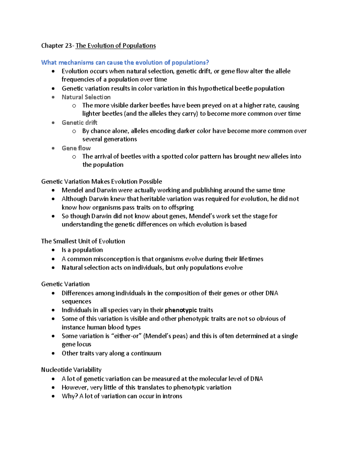 BIO 1306 Chapter 23 notes - Chapter 23- The Evolution of Populations ...