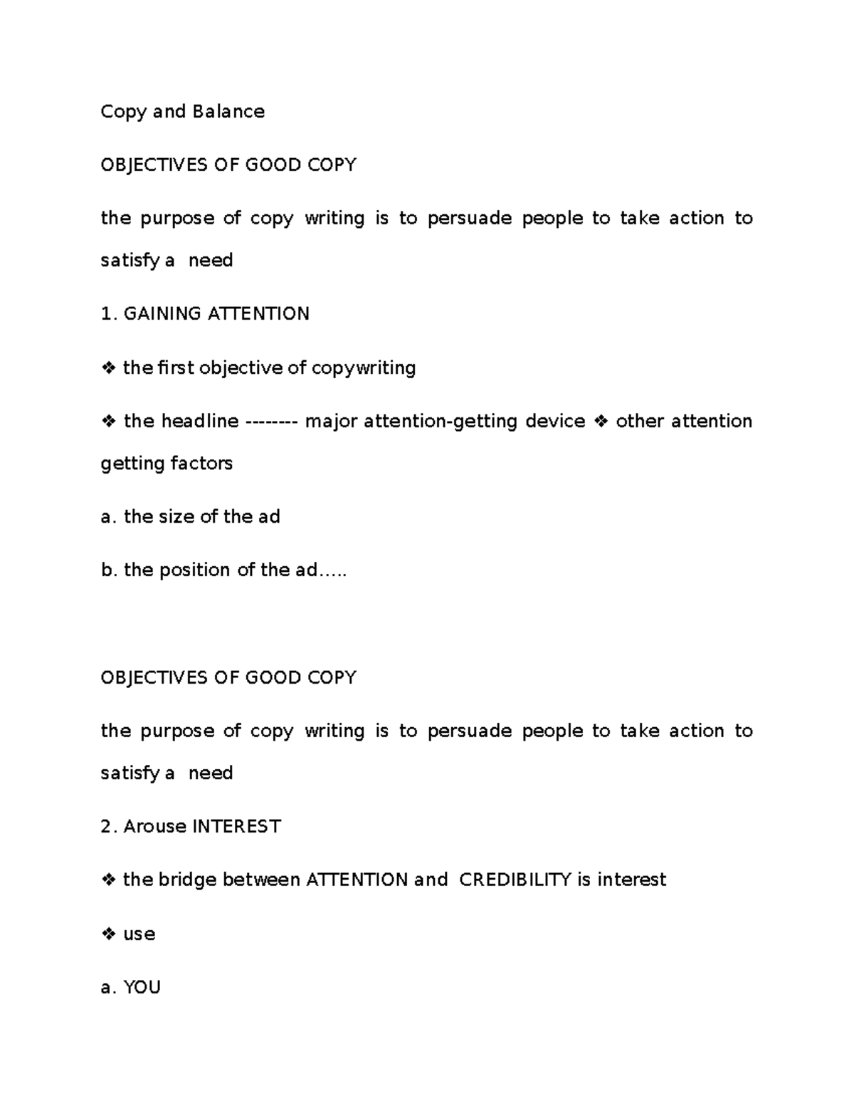 Copy and Balance - the purpose of copy writing is to persuade people to ...