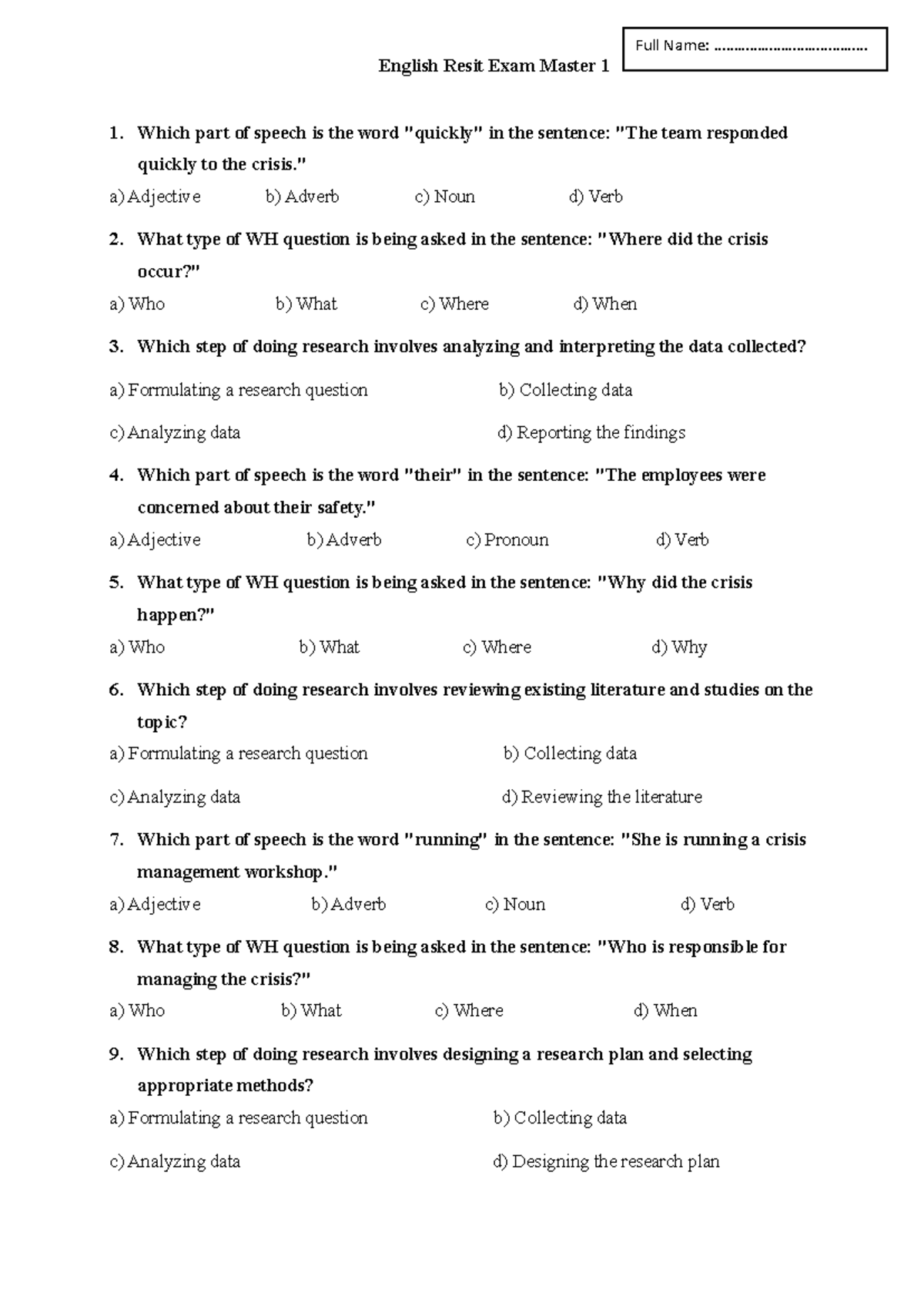 BA a sample Exam - English Resit Exam Master 1 Full Name