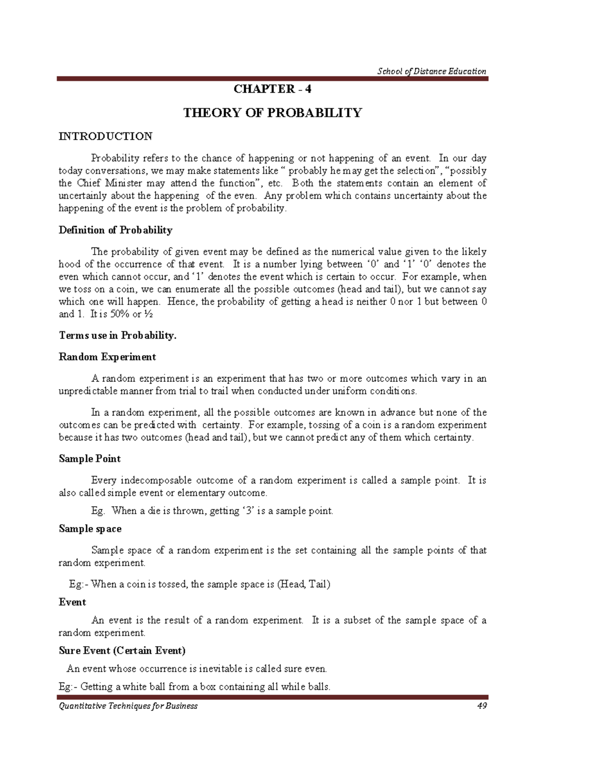 Chapter 4 Theory of Probability - CHAPTER - 4 THEORY OF PROBABILITY ...