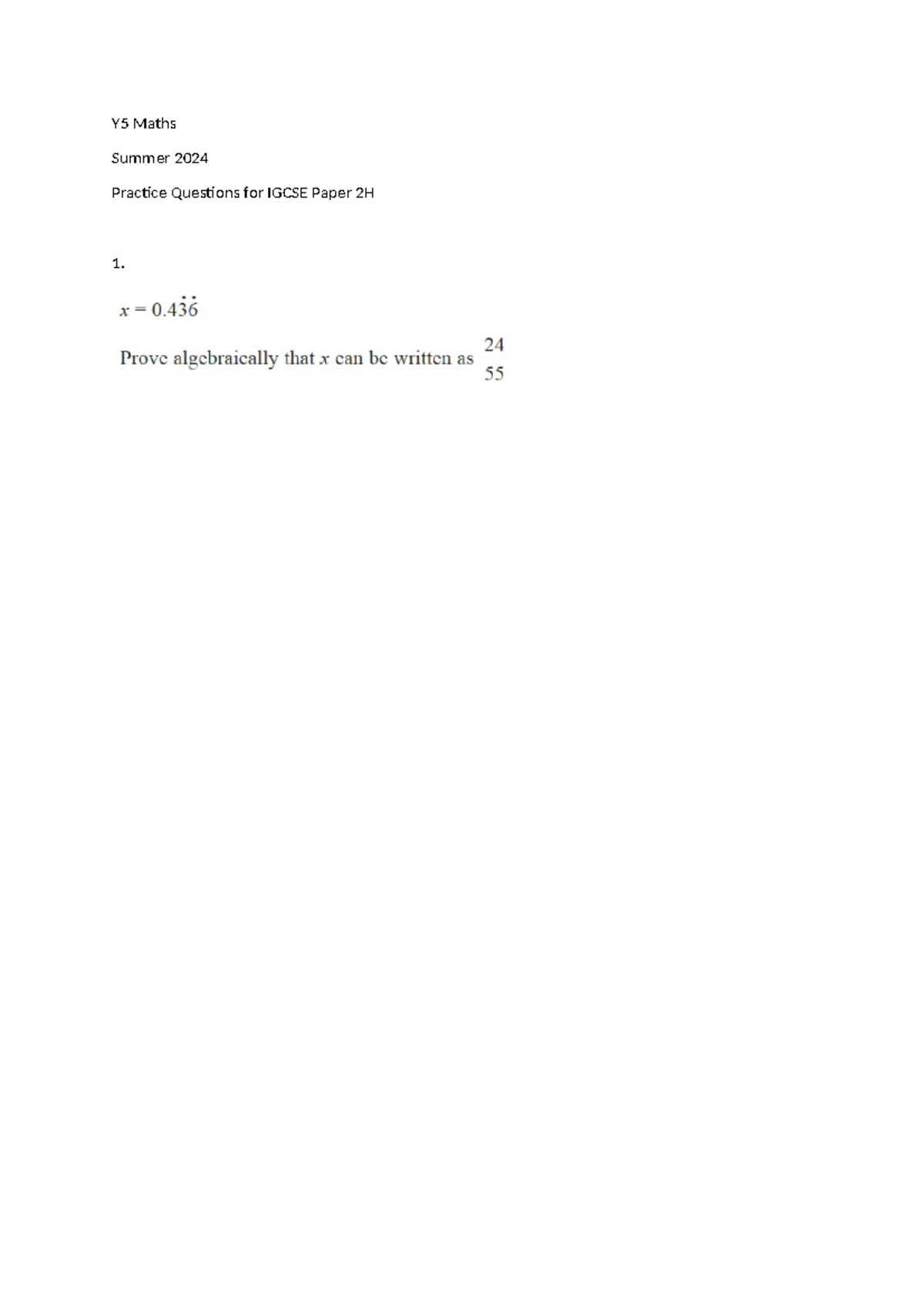 Y5 Maths Practice Questions for Paper 2H - Y5 Maths Summer 2024 ...