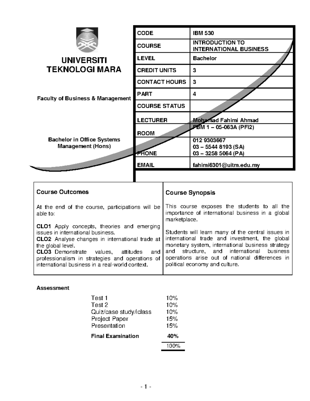 Course Outline IBM (2019 ) - 1 - UNIVERSITI TEKNOLOGI MARA Faculty of ...