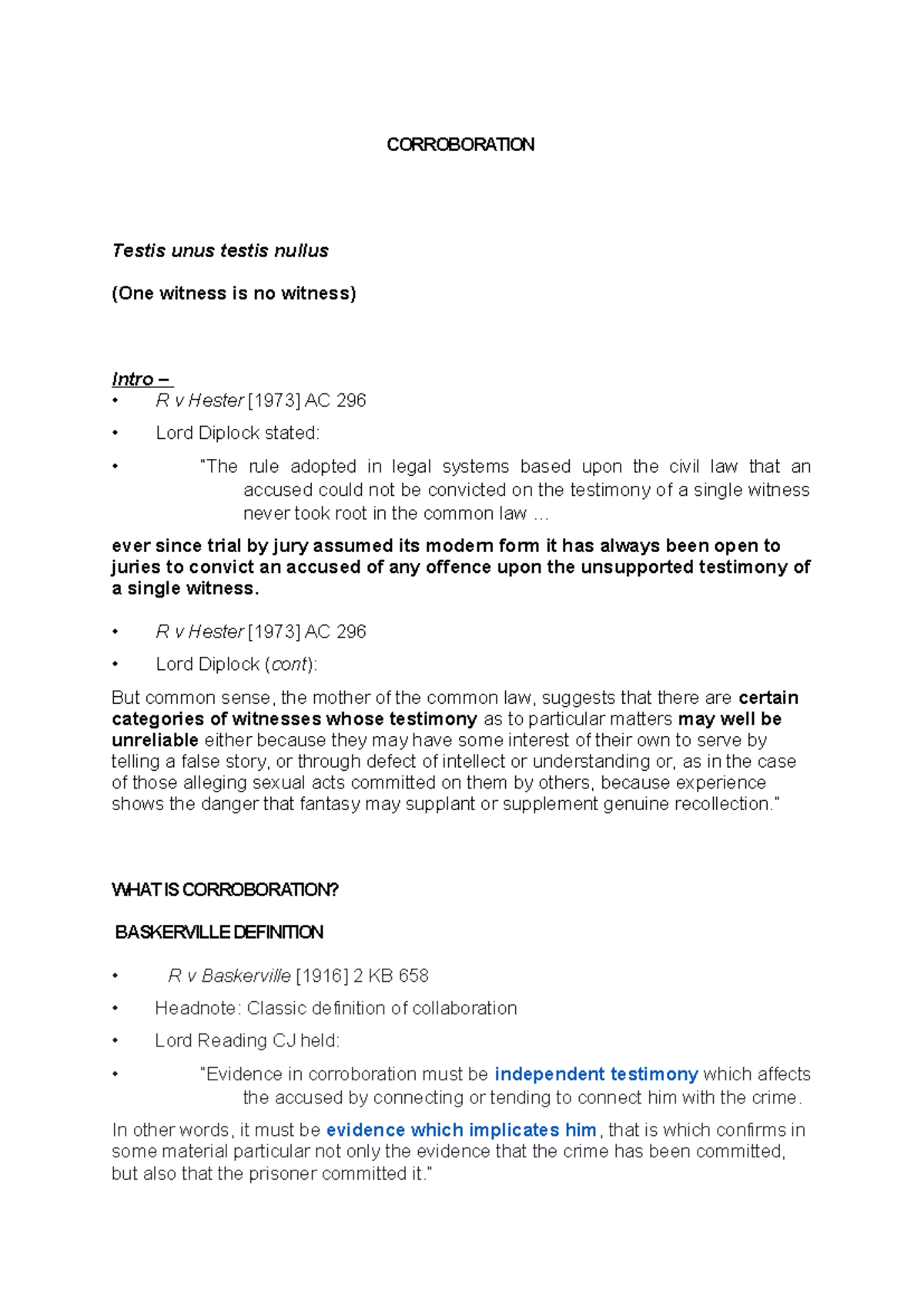 Corroboration - lecture notes with case examples - CORROBORATION Testis ...