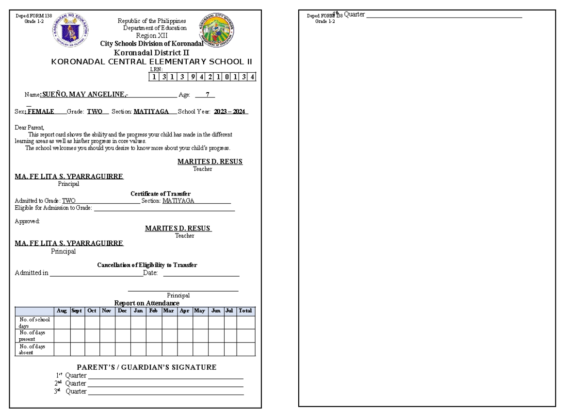 1-2 - i want this pls - Deped FORM 138 Grade 1- Deped FORM 138 Republic ...