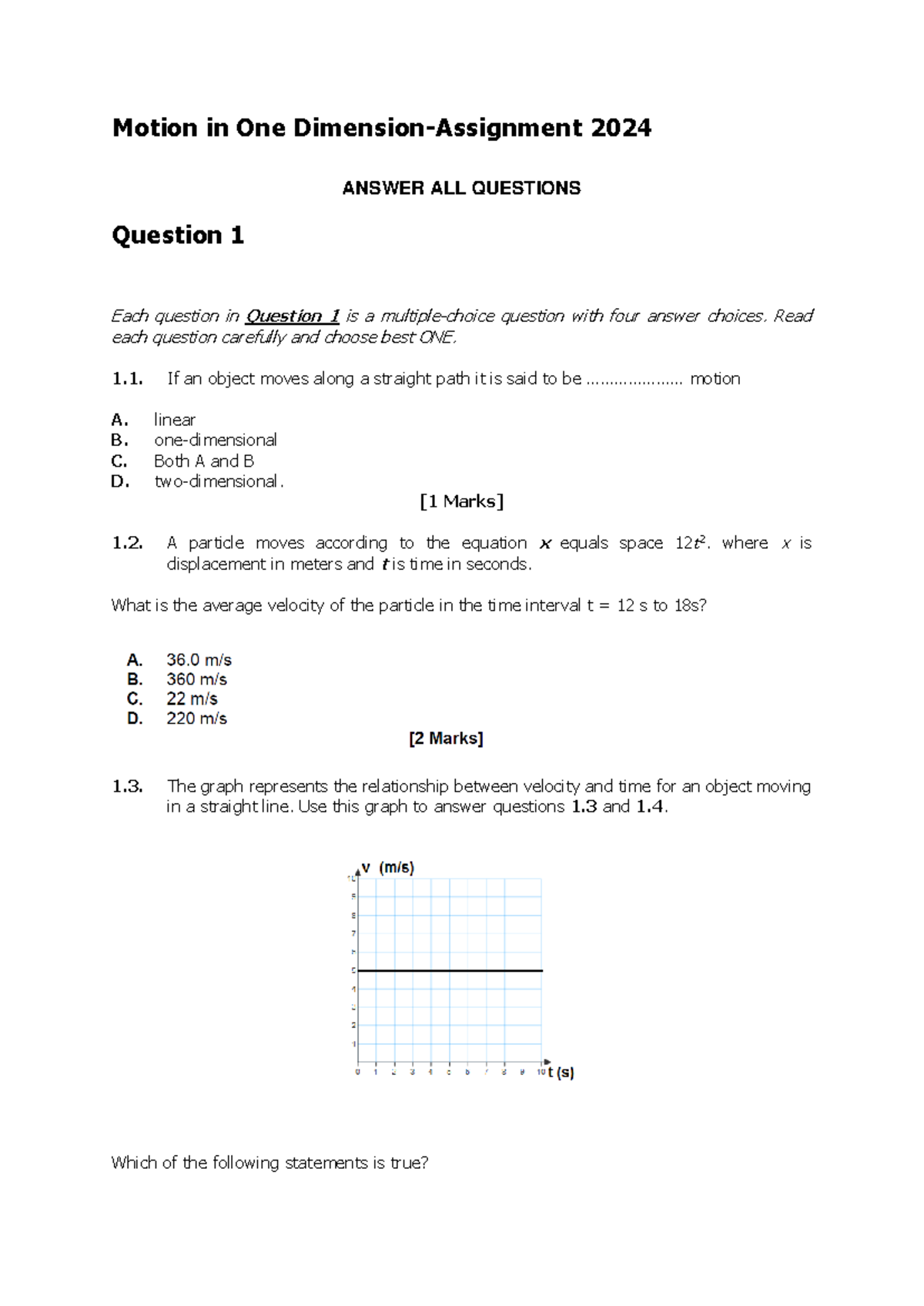 physics 1 Motion in One Dimension Assignment 2024 - Motion in One ...