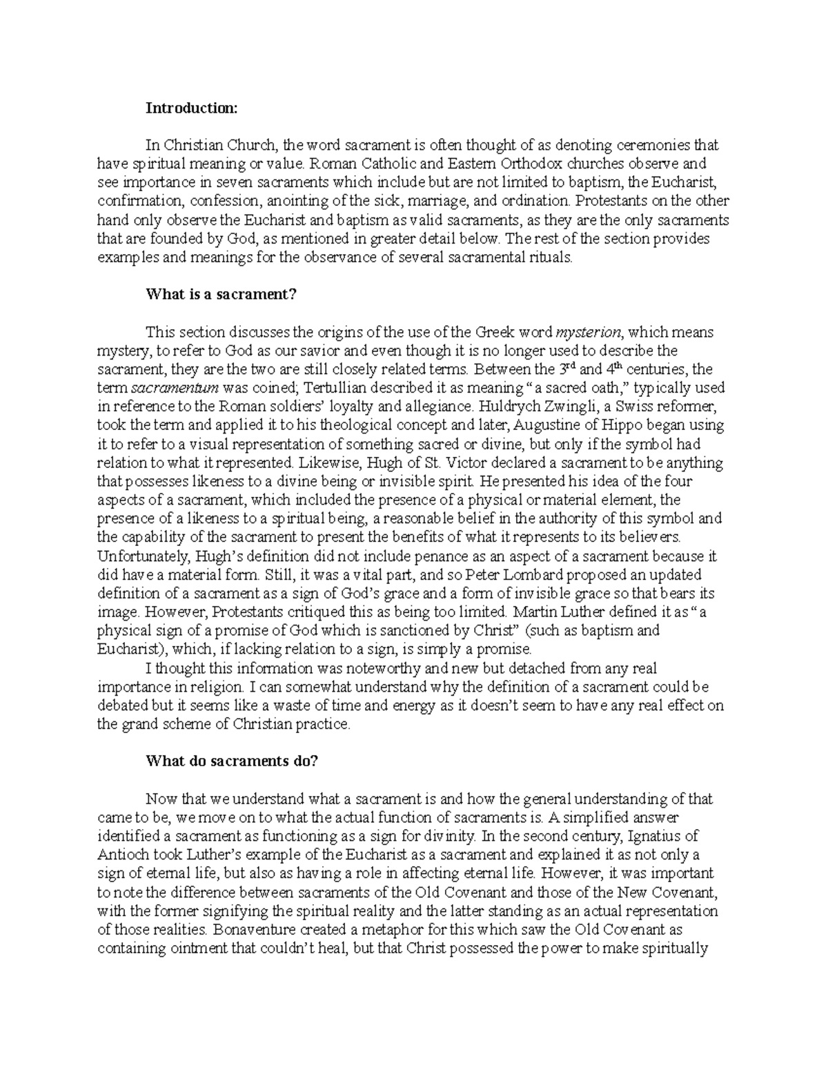 Sacrament - Summary of the chapter - Introduction: In Christian Church ...
