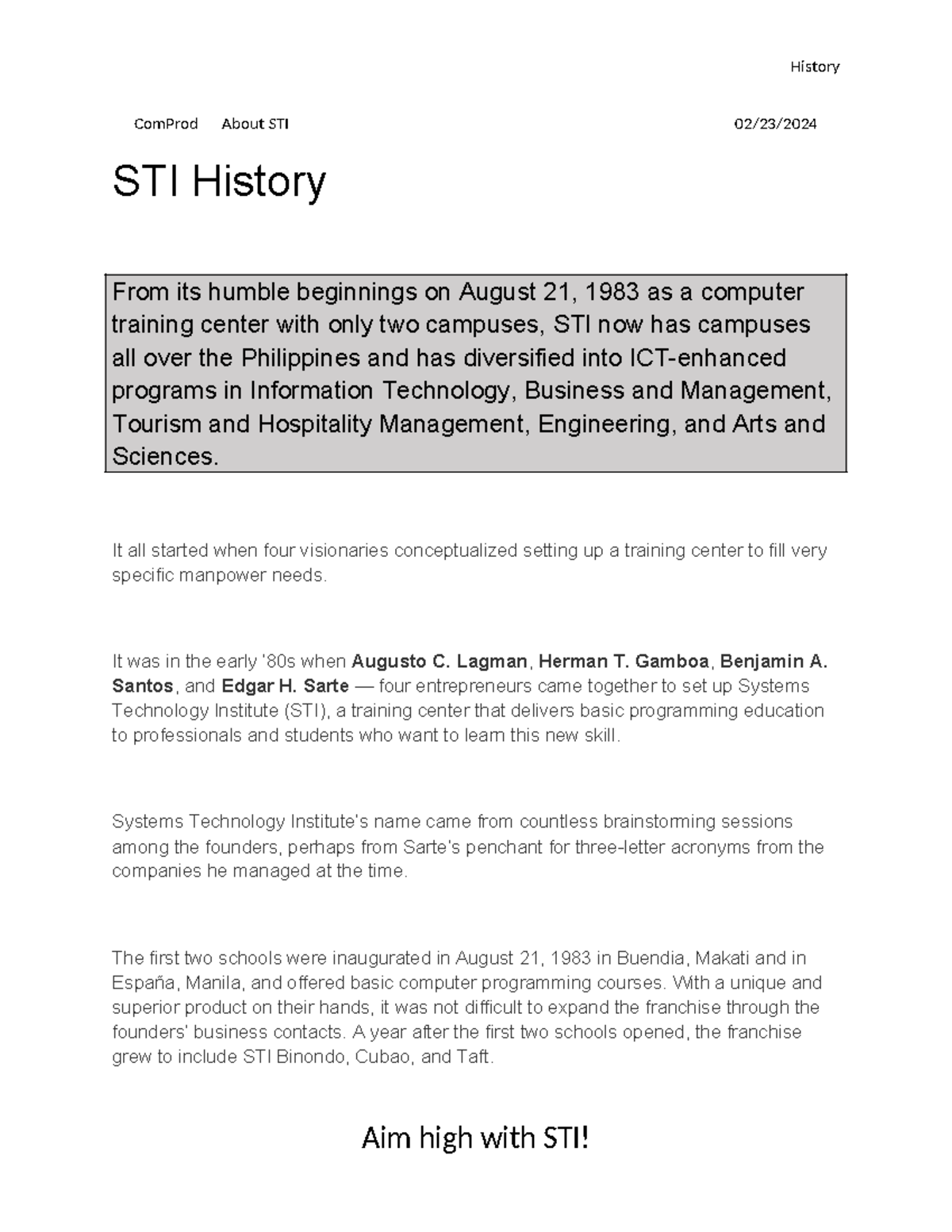 01 Laboratory Exercise 1 Com Prod - History ComProd About STI 02/23 ...