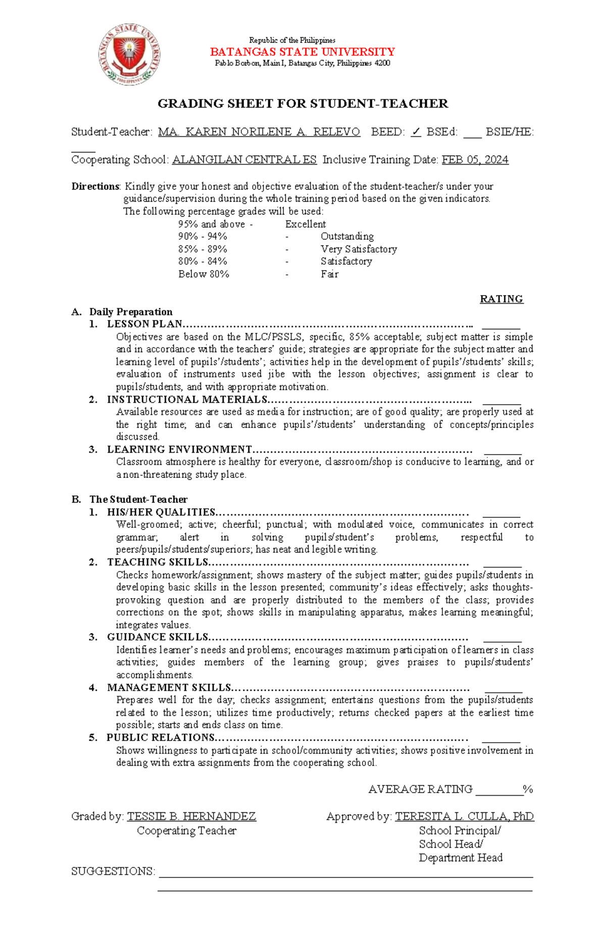 Grading Sheet for Student Teacher - Republic of the Philippines ...