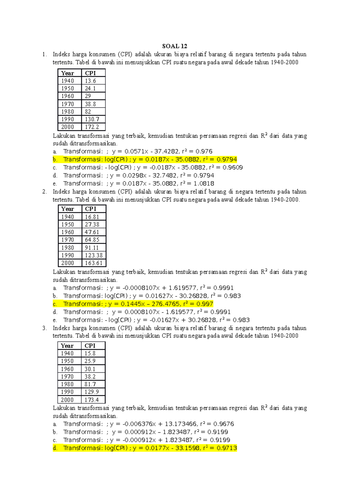 ANREG - SOAL 12 - SOAL 12 1. Indeks harga konsumen (CPI) adalah ukuran biaya relatif barang di ...