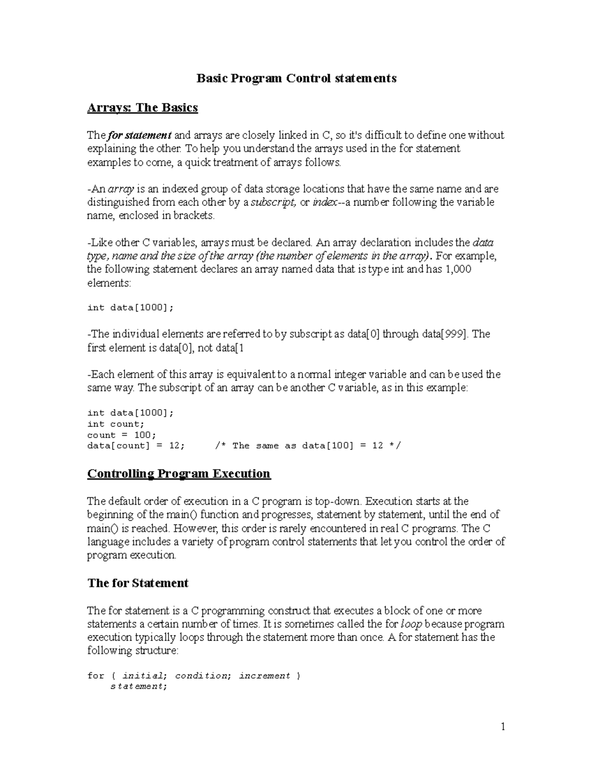 Basic Program Control Good Basic Program Control Statements Arrays