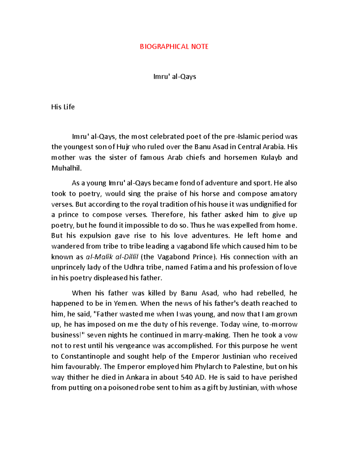 Biographical note on some important pre islamic and islamic poet ...