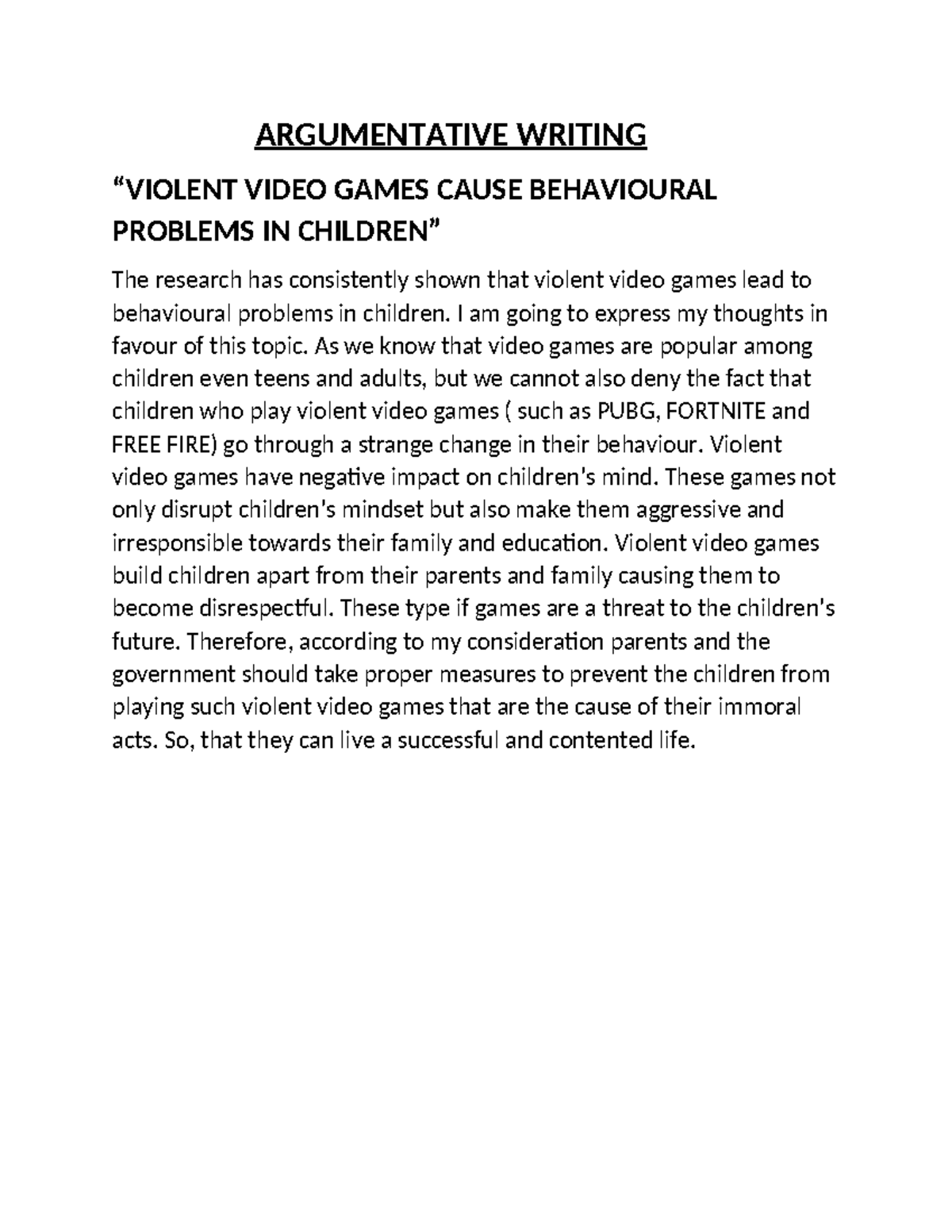 Argumentative Writing - ARGUMENTATIVE WRITING “VIOLENT VIDEO GAMES ...