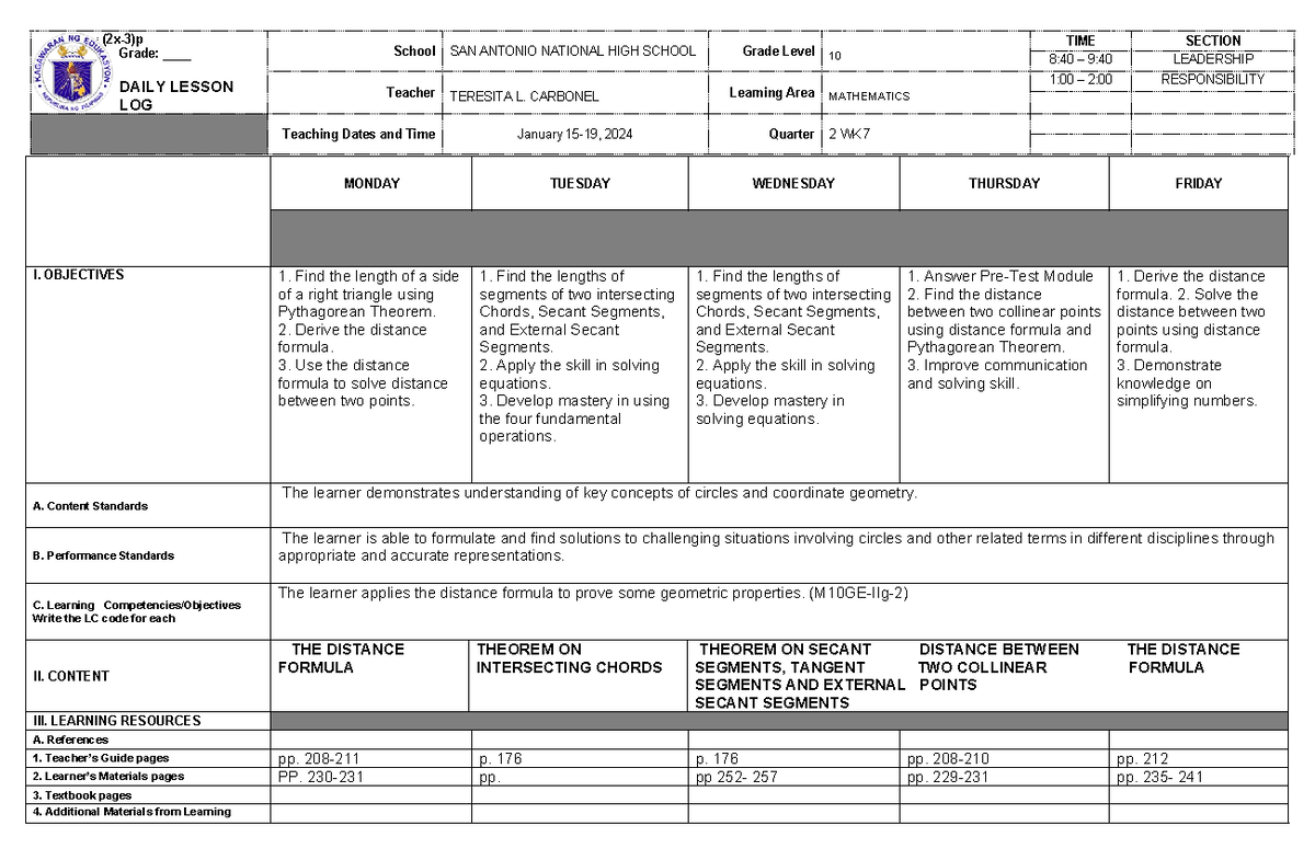 DLL math 10 Q2 wk 7 2023-2024 - 47x + 12 = (2x-3)p Grade: ____ DAILY ...