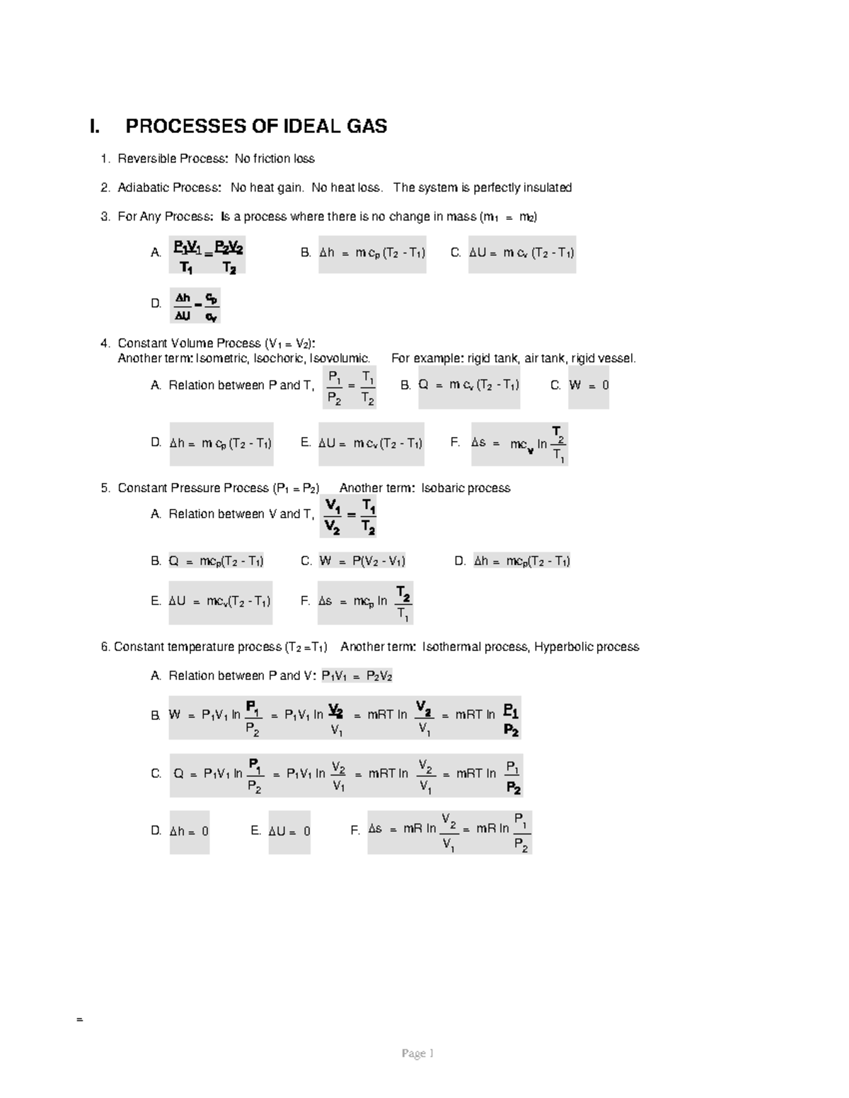 Thermo module midterms 1 - Page 1 = P 2 T 2 P 1 T 1 h = 0 U = 0 U = mcv(T 2 - T 1 ) h = m cp ...