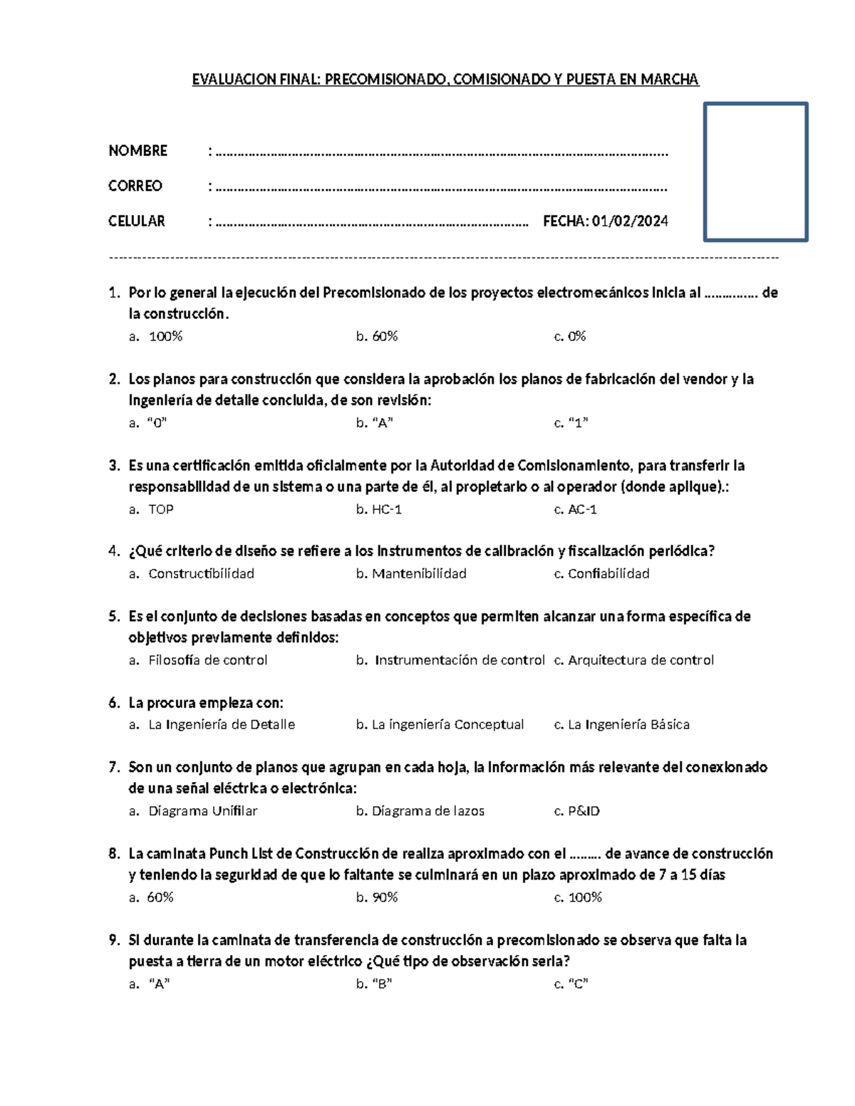 Examen Precom SIN Claves - EVALUACION FINAL: PRECOMISIONADO ...