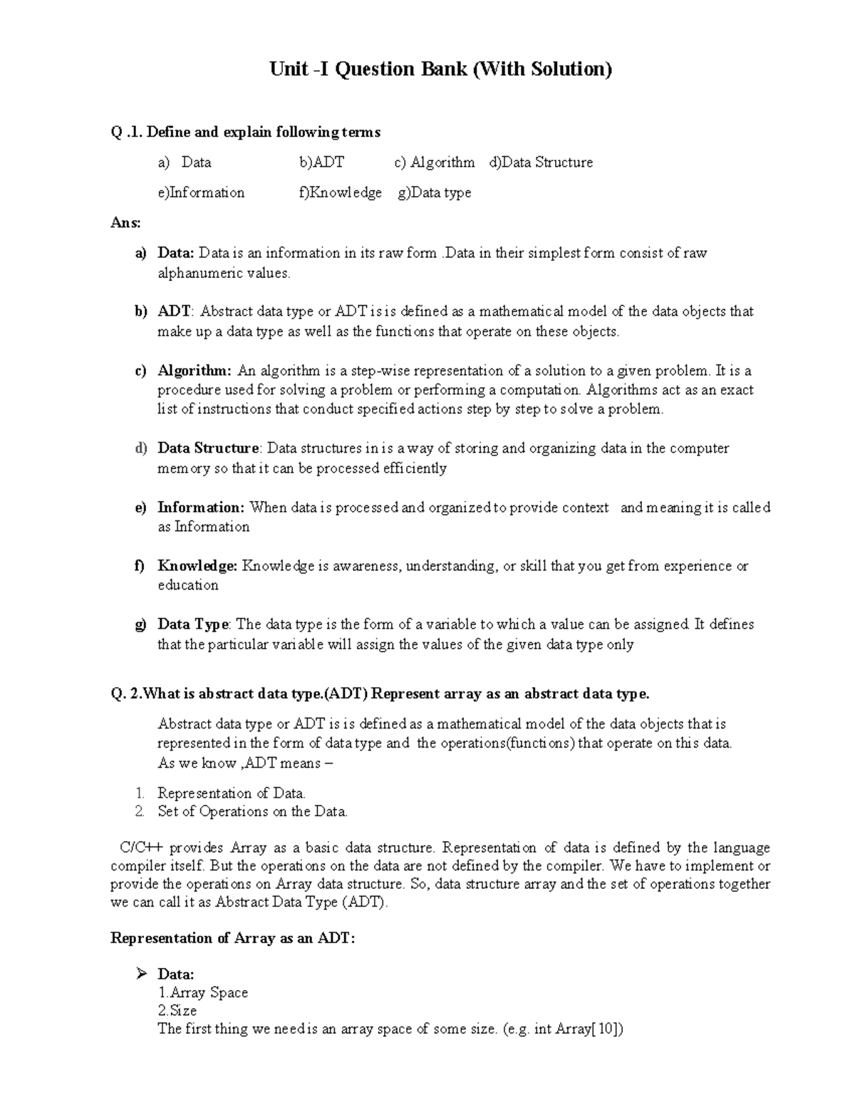 FDS Unit I QB(with Solution) - Unit -I Question Bank (With Solution) Q .1. Define and explain ...
