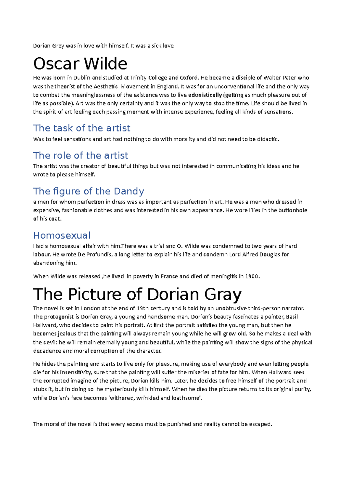 Oscar Wilde and The picture of Dorian Grey - Dorian Grey was in love ...