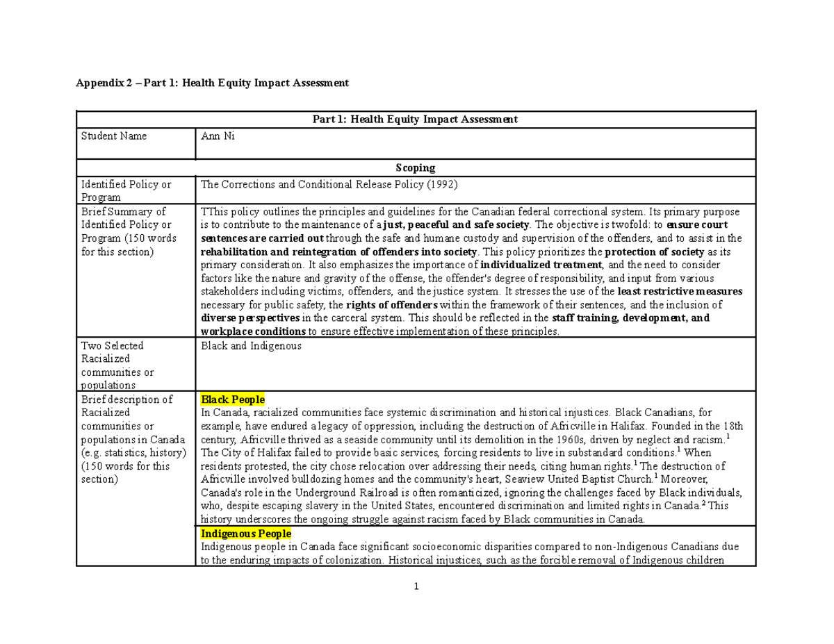 Assessment 2 Health Equity Impact Assessment Part 1 - Appendix 2 – Part ...
