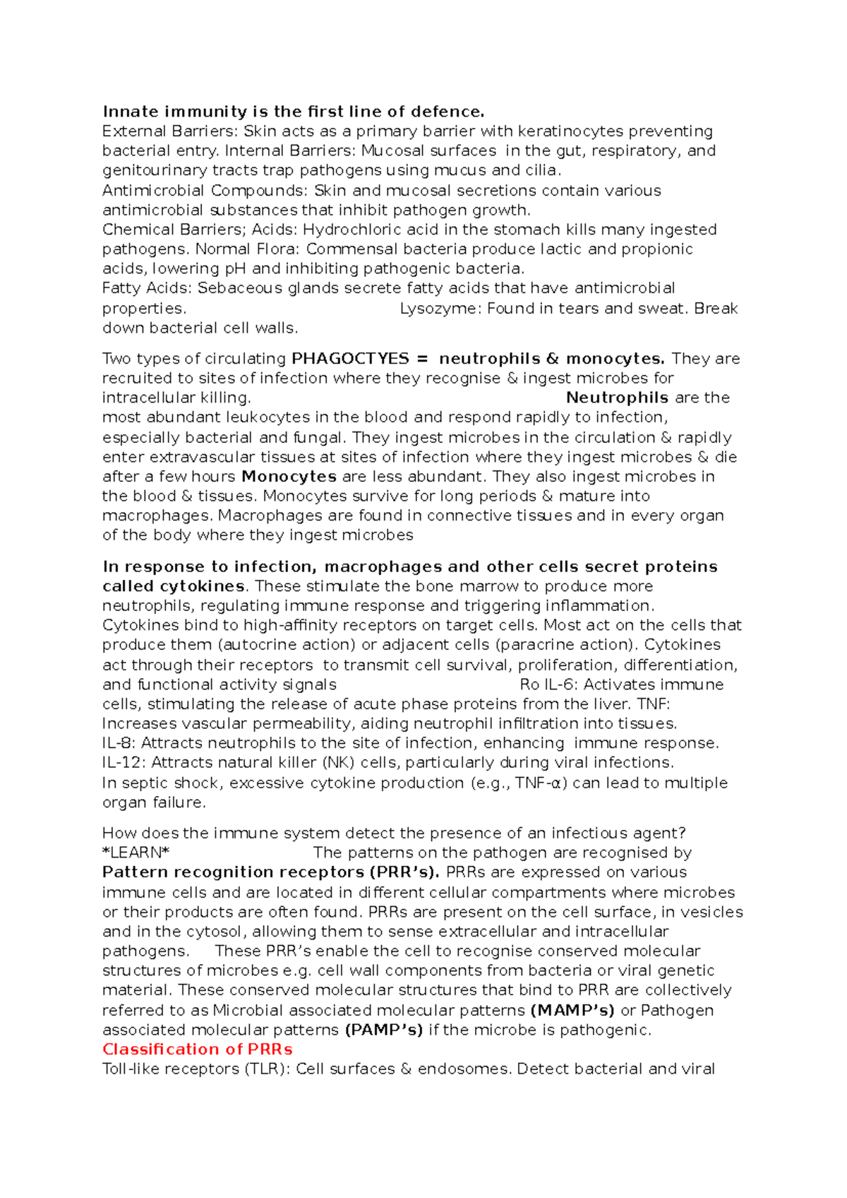 Innate Immunity Notes - Innate immunity is the first line of defence ...