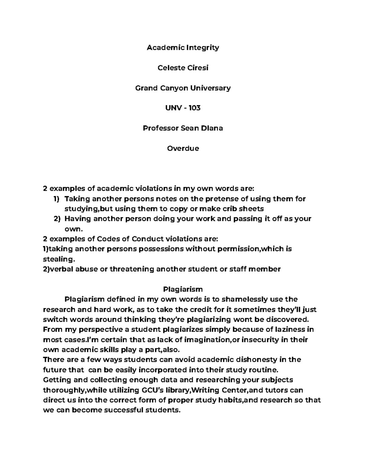 Academic Integrity - Code of Conduct/plagiarism assignment for ...