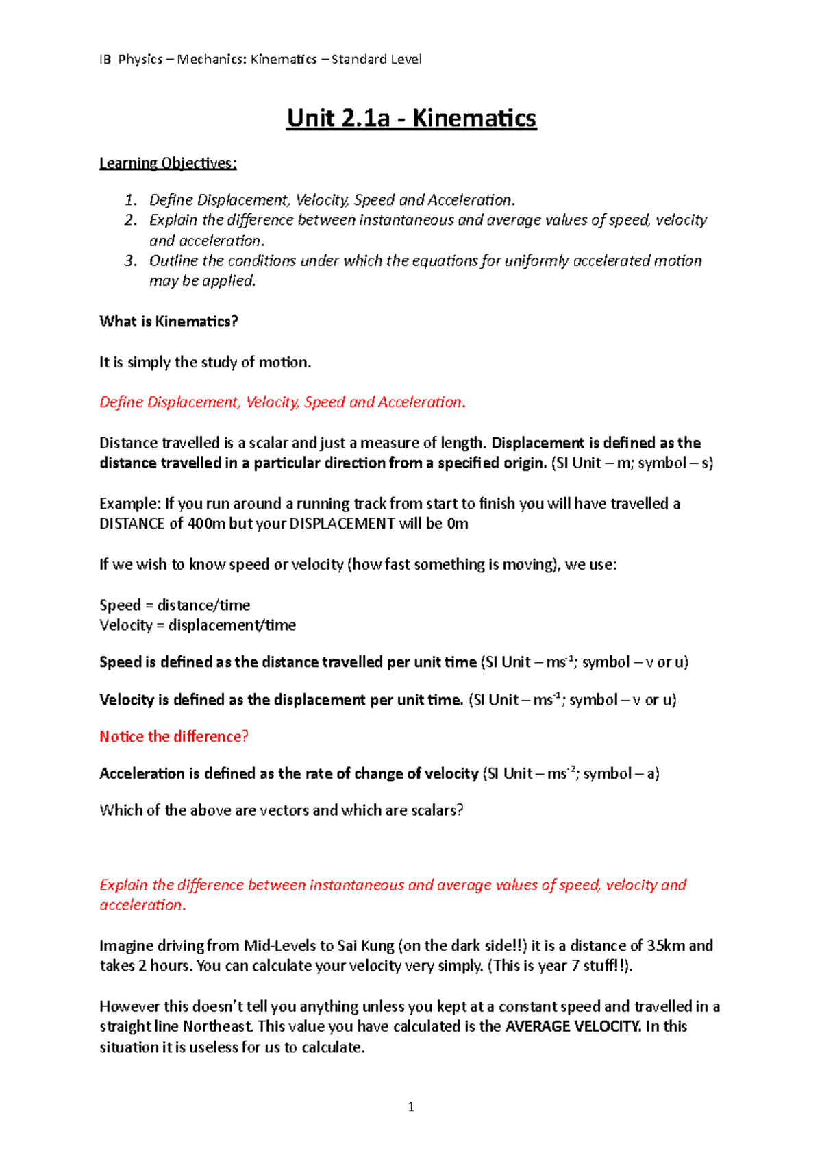 2.1a Kinematics - Notes (SL) - IB Physics – Mechanics: Kinematics ...