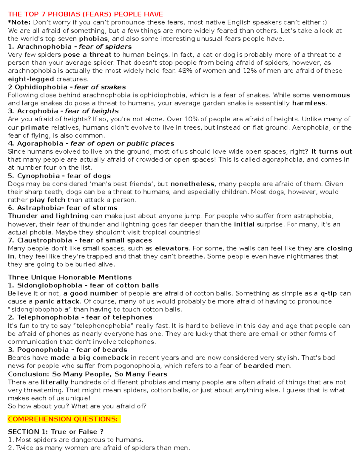 UNIT 7 - Extra Reading - Phobia - THE TOP 7 PHOBIAS (FEARS) PEOPLE HAVE ...