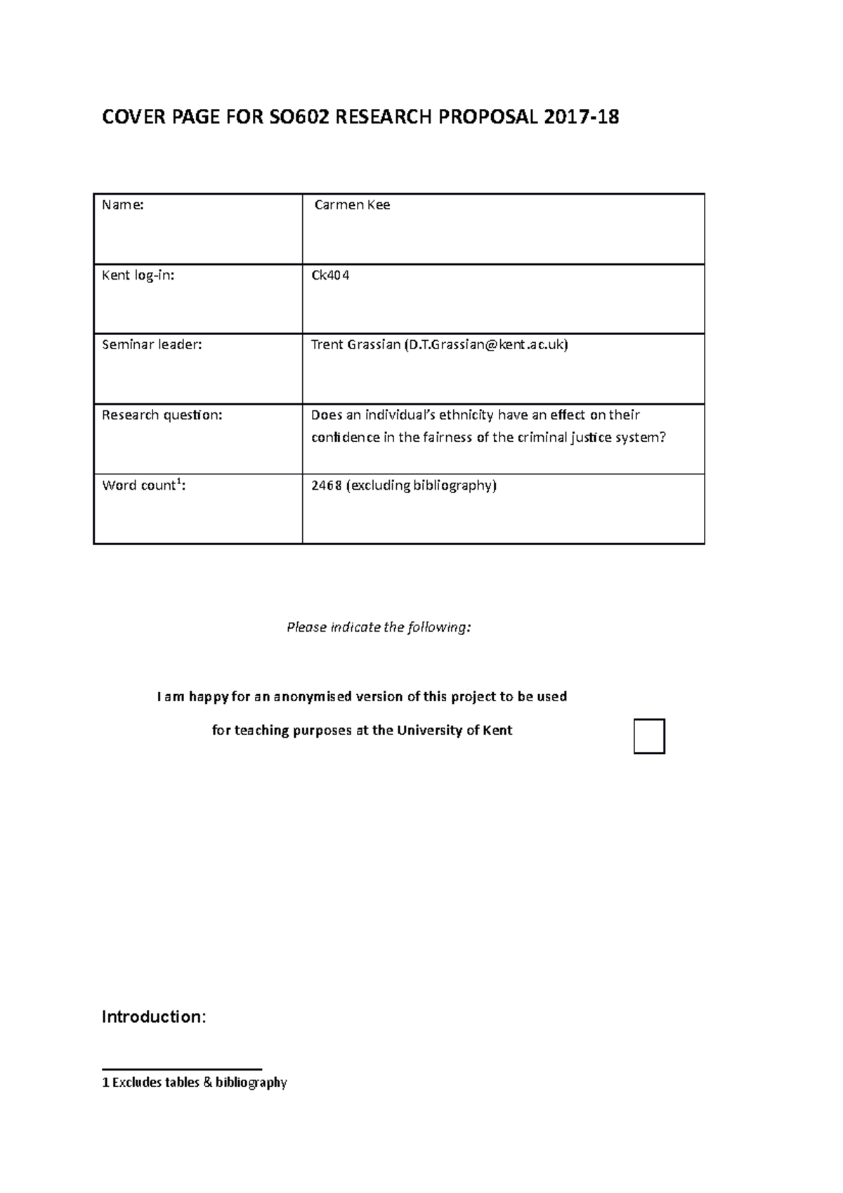 Quantitative Research Proposal - COVER PAGE FOR SO602 RESEARCH PROPOSAL ...