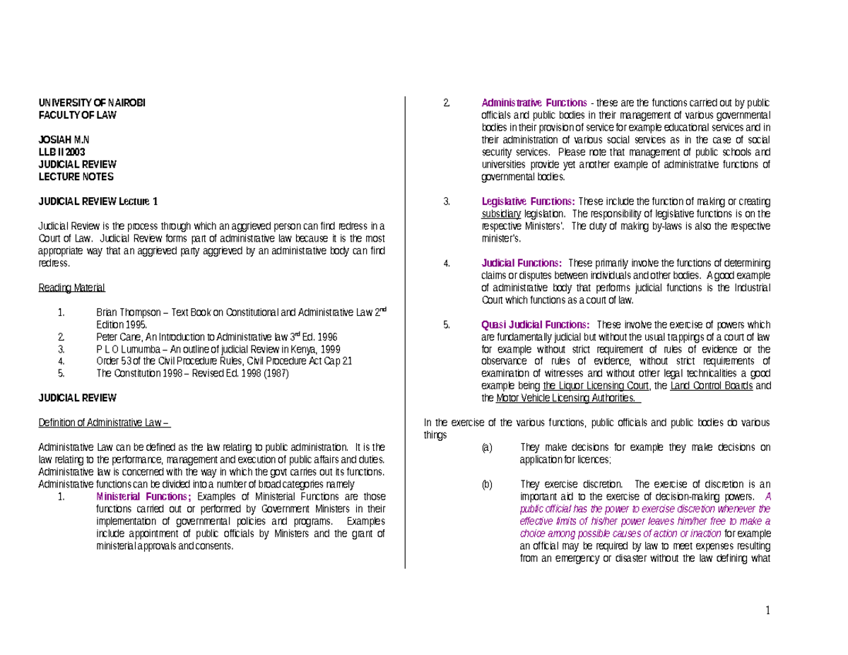 Judicial Review Lessons 2 - UNIVERSITY OF NAIROBI FACULTY OF LAW JOSIAH ...