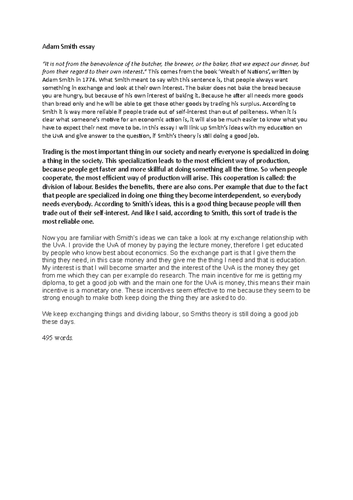 Adam Smith essay final version - Adam Smith essay “It is not from the benevolence of the butcher ...