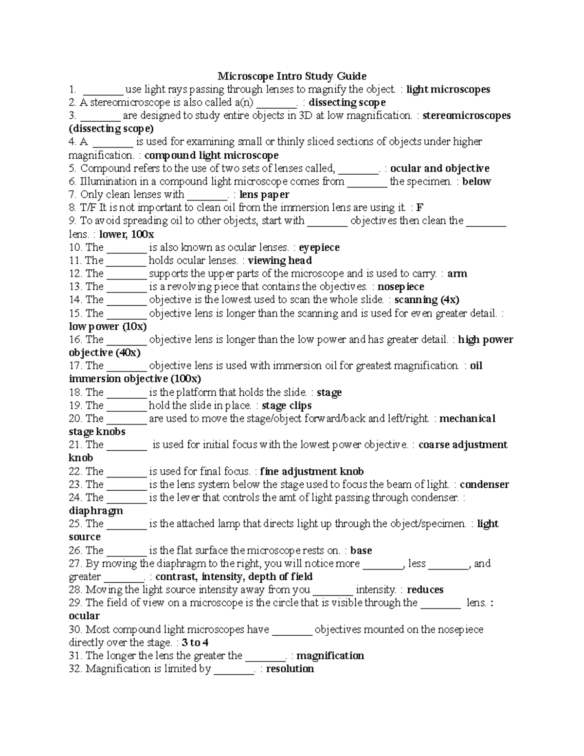 Microscope Intro Study Guide - Microscope Intro Study Guide _______ use ...