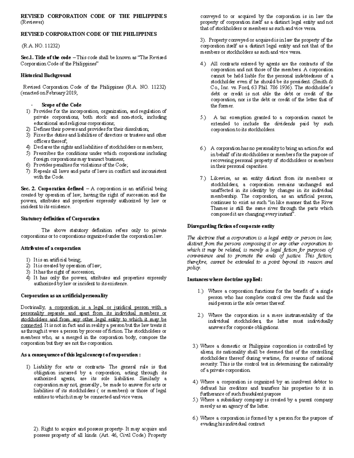 495587156 revised corporation code of the philippines sec 1 3 - REVISED ...